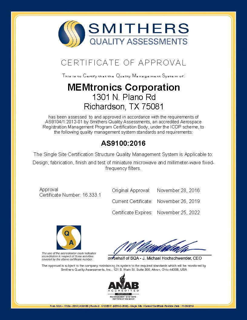 Certifications | MEMtronics RF MEMS Micro Electro Mechanical Systems